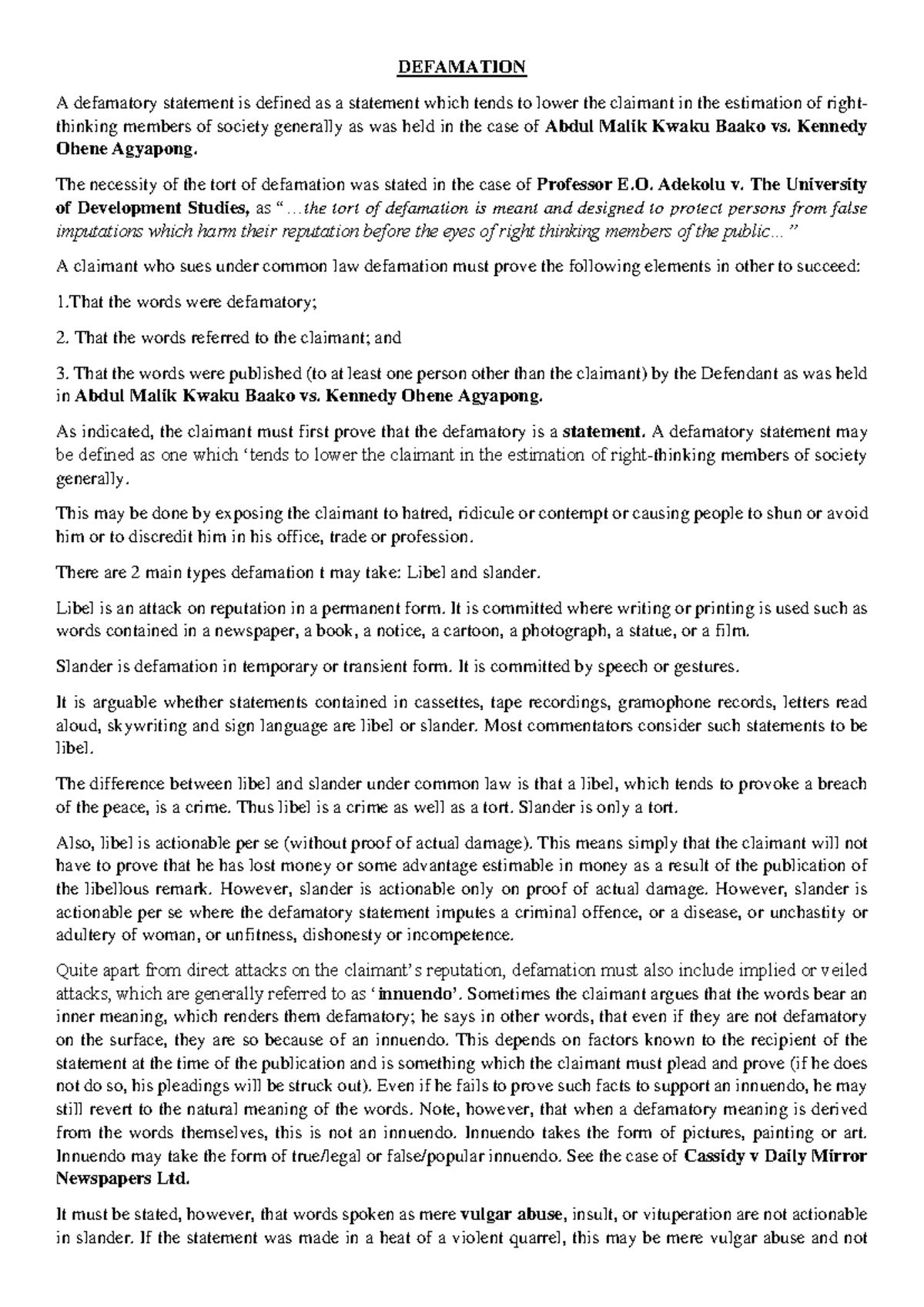 DEFAMATION IN TORT LAW: Key Cases and Principles - Studocu