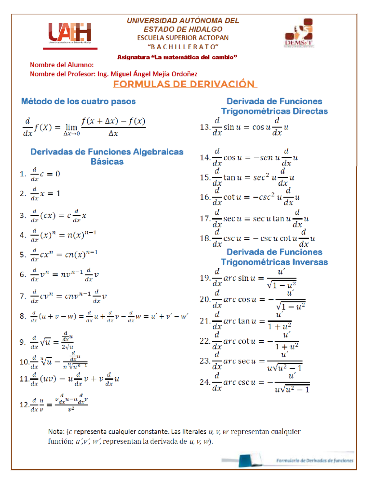 Formulario De Derivadas Formulario De Derivadas | Experymente