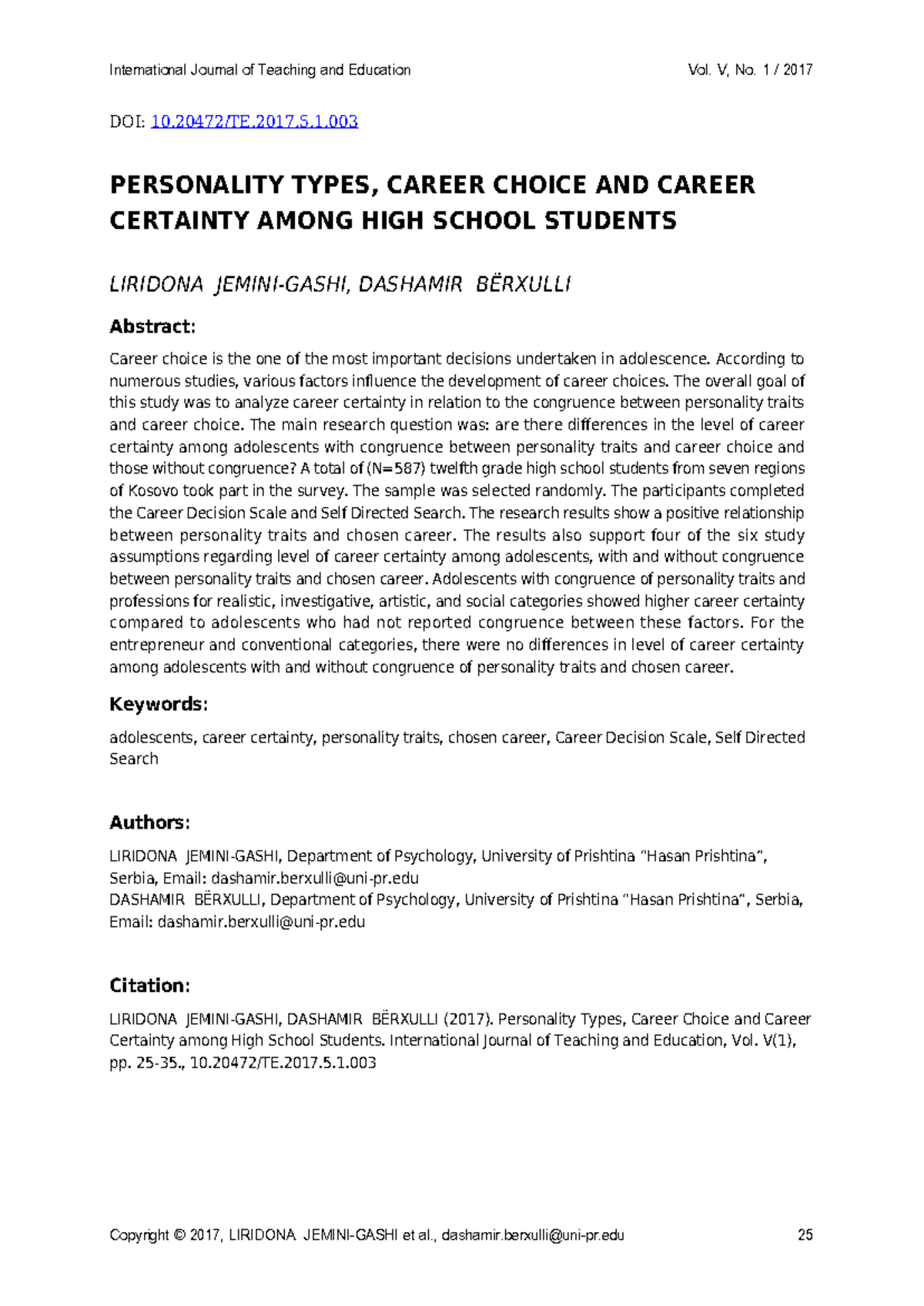 Personality Types and Career Certainty Among High School Students (45-3 ...