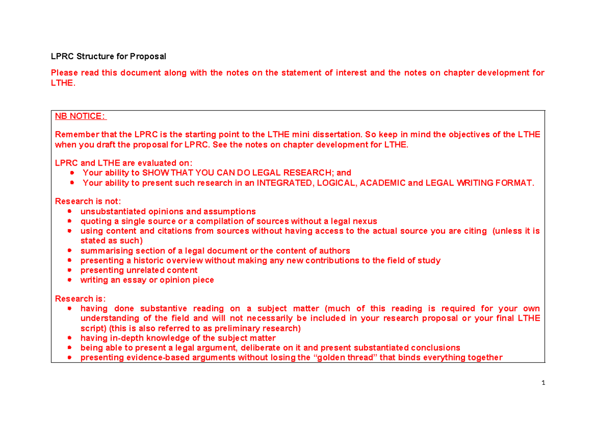 LPRC Proposal Structure for LTHE Mini Dissertation Guide - Studocu