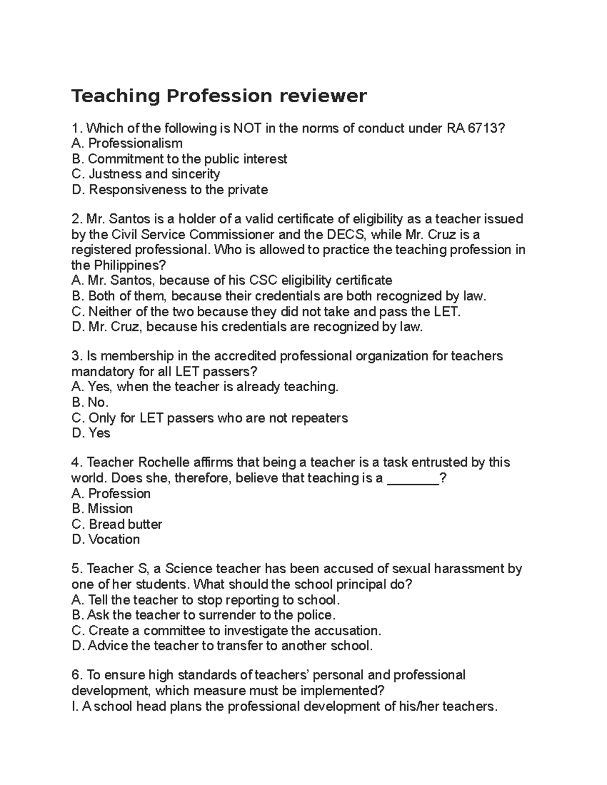 LET Professional Development Reviewer: Teaching Standards & Ethics ...