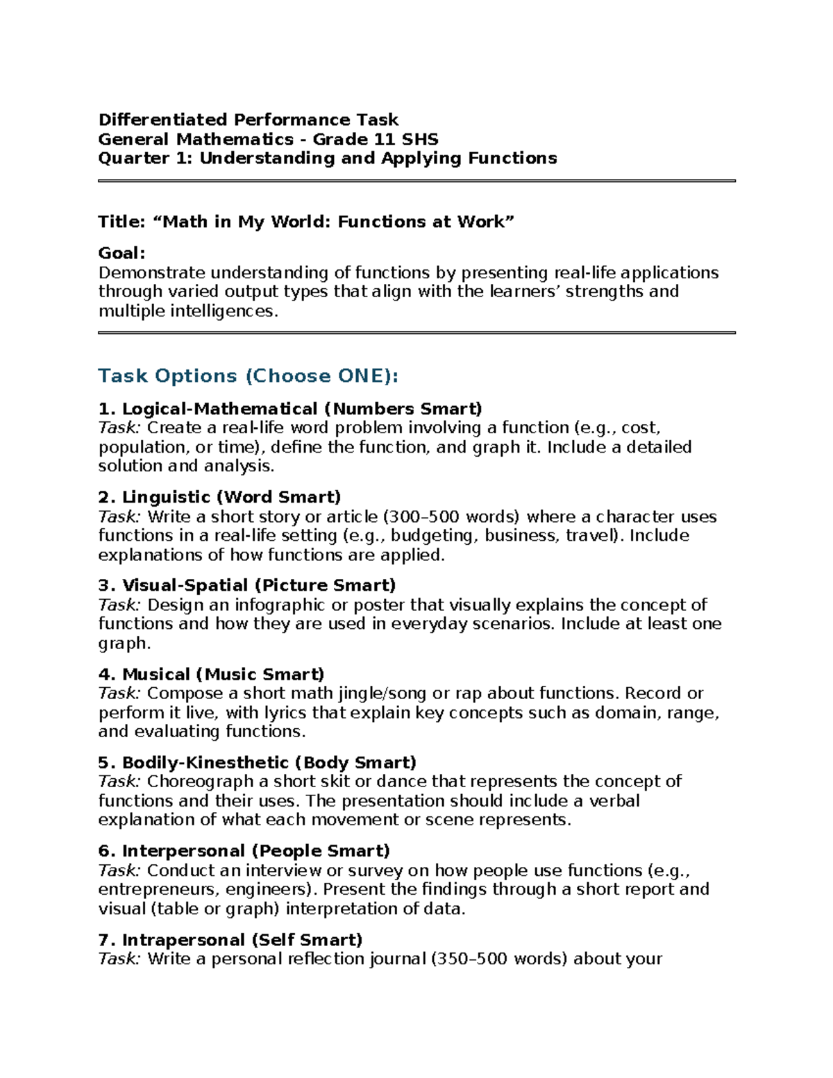 Differentiated Performance Task: Functions in General Math G11 SHS Q1 - Studocu