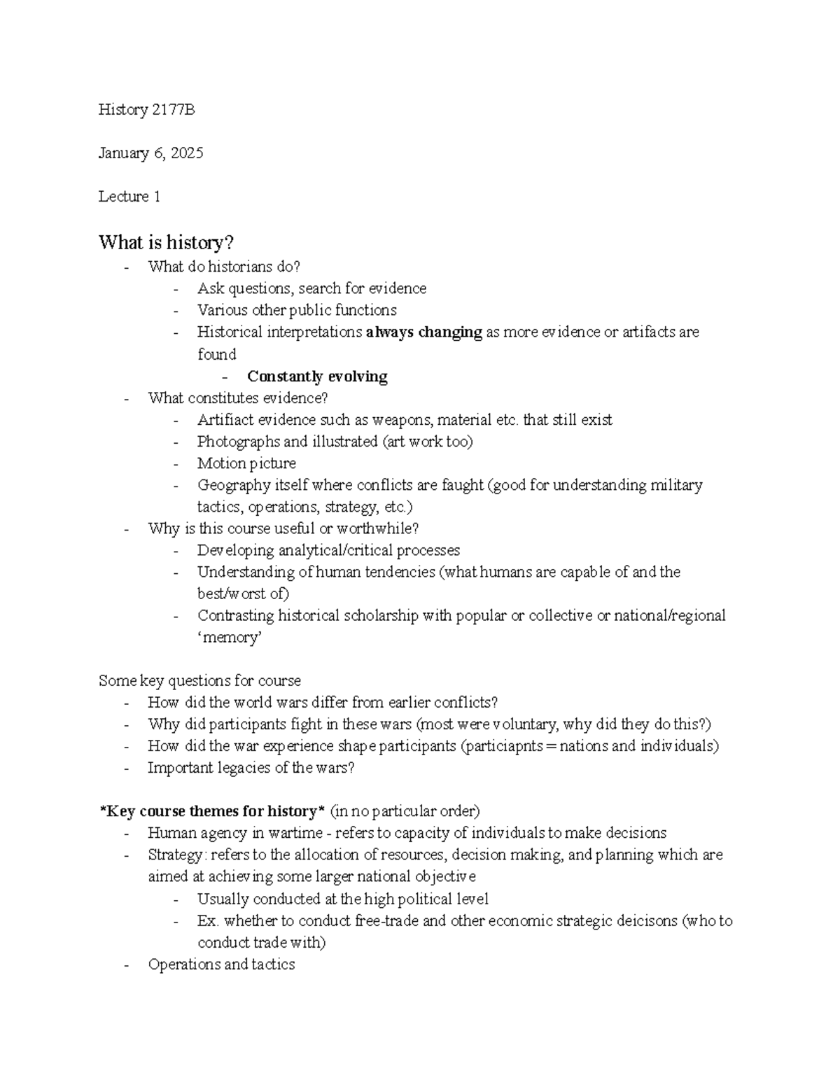 History 2177 - Lecture Notes on Major Conflicts of WWI & WWII - Studocu