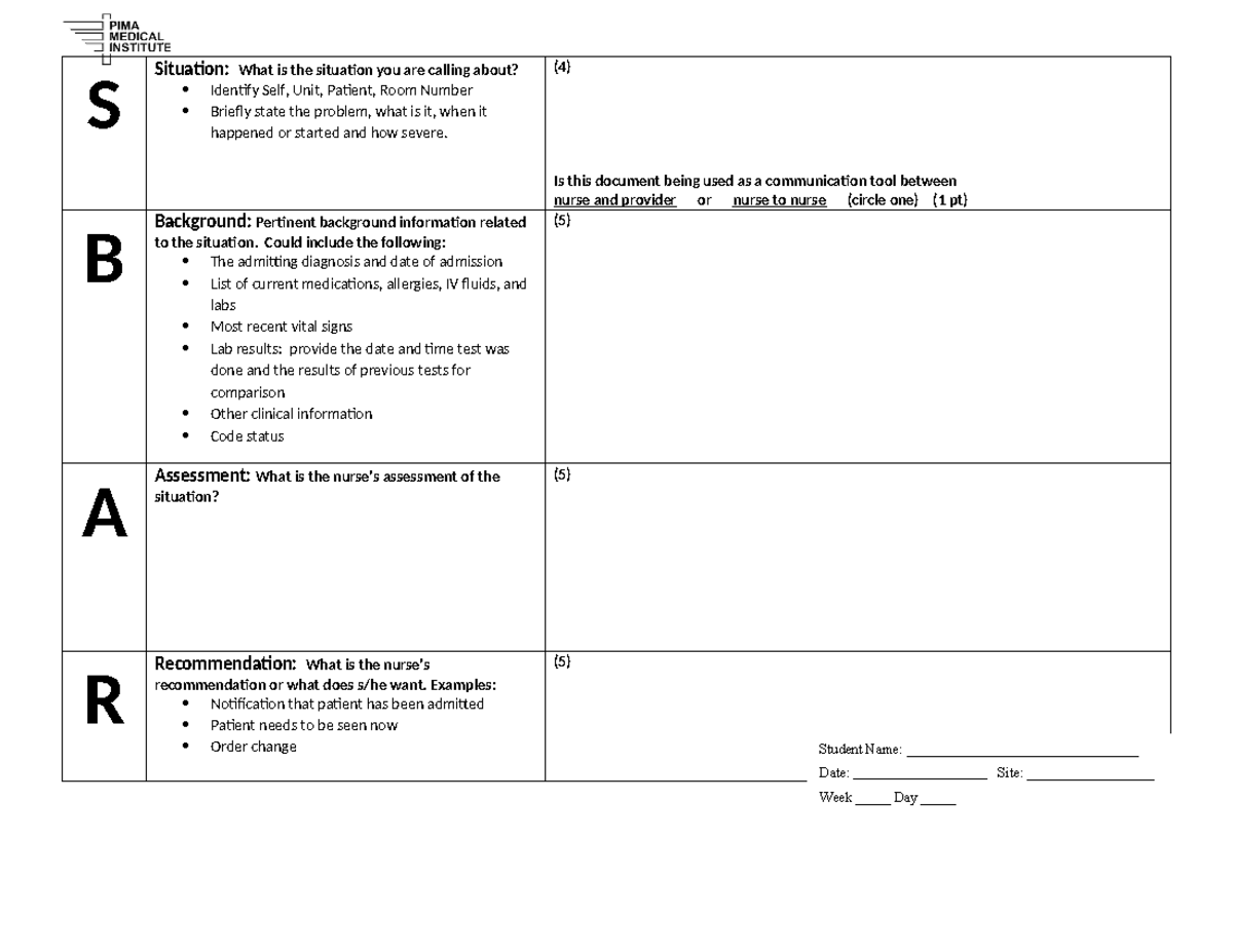 SBAR Communication Tool for Nursing Assessment and Recommendations ...