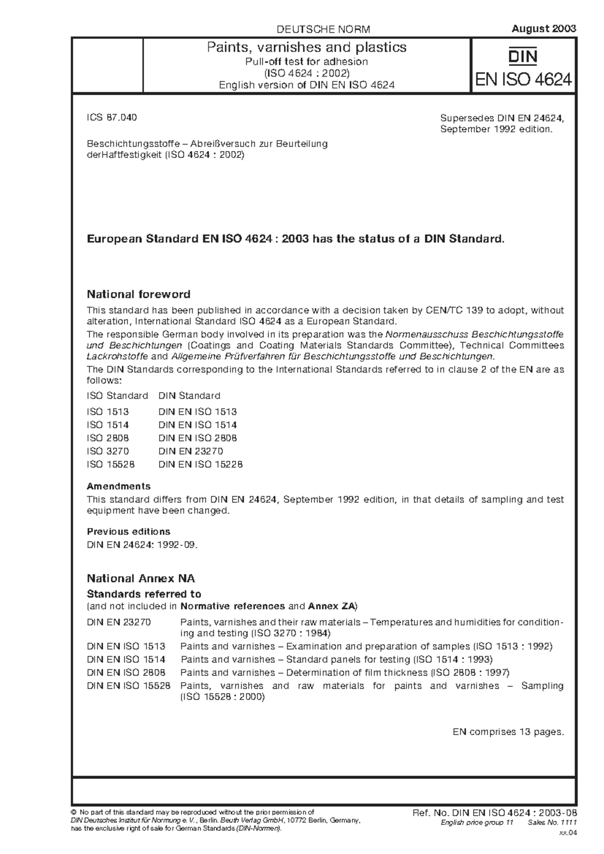 EN ISO 4624:2003 - Adhesion Test for Paints and Varnishes - Studocu