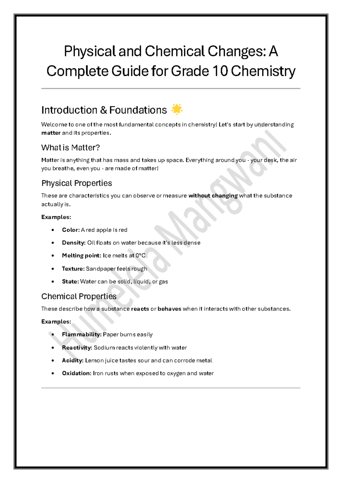 Grade 10 Chemistry: Physical and Chemical Changes Guide - Studocu