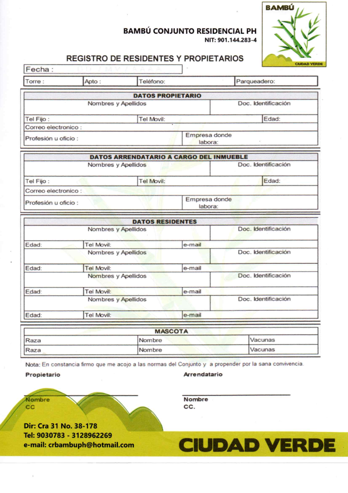 Registro de Residentes y Propietarios - BAMBU CONJUNTO RESIDENCIAL PH ...
