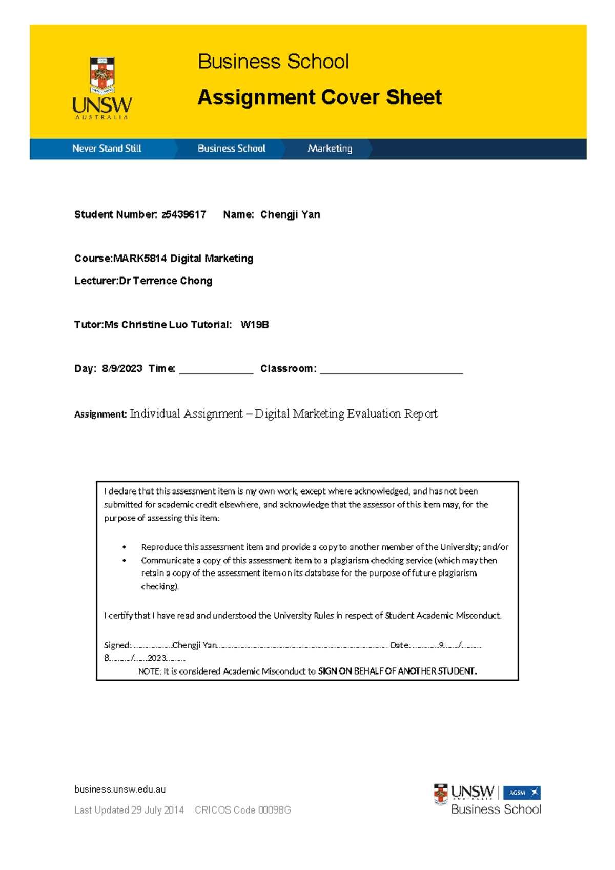 MARK5814 T2-2023 Assignment Cover Sheet - Individual - business.unsw.edu Last Updated 29 July ...