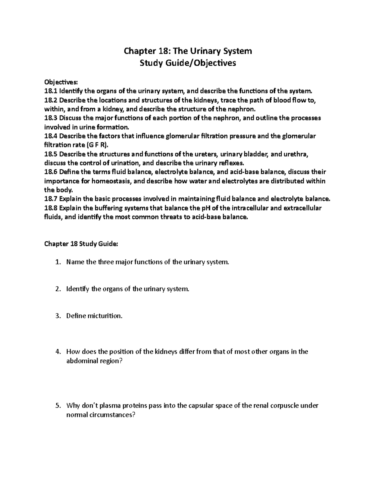 Chapter 18 - Urinary System Study Guide and Objectives - Studocu