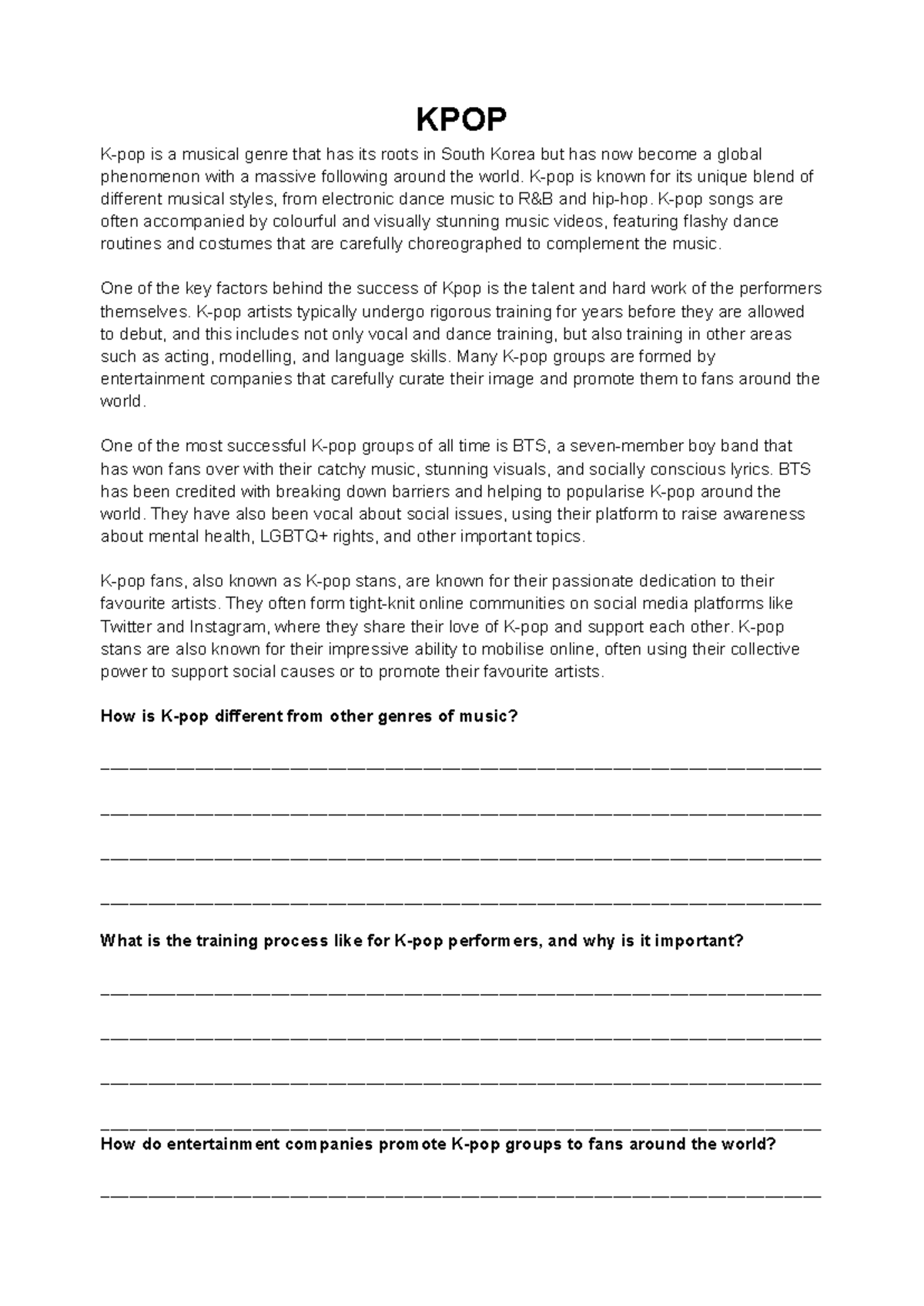 Grade 6 KPOP Reading Comprehension Worksheet - Global Phenomenon ...