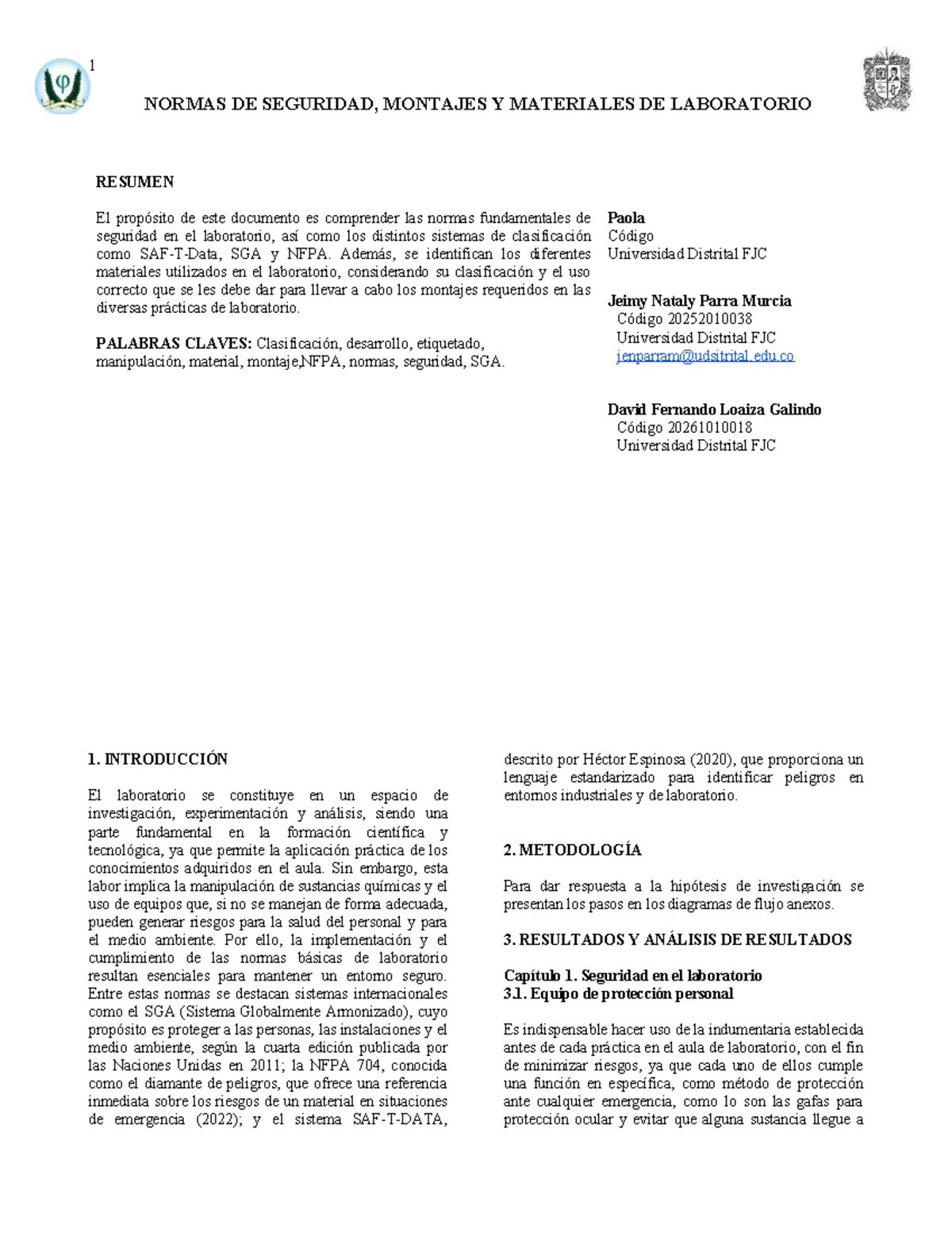 Informe 1-FQ-421: Normas de Seguridad y Montajes en Laboratorio - Studocu