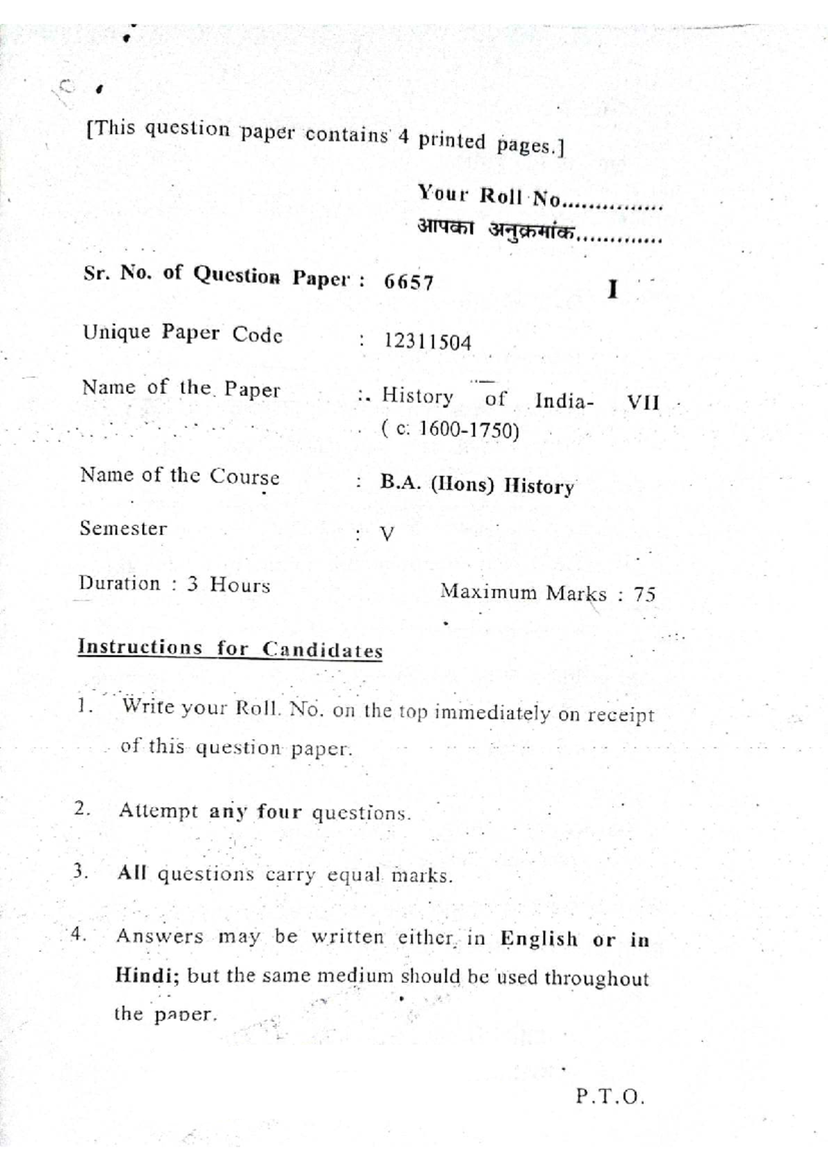 B.A. (Hons) History Sem V Final Exam Question Paper - 12311504 - Studocu