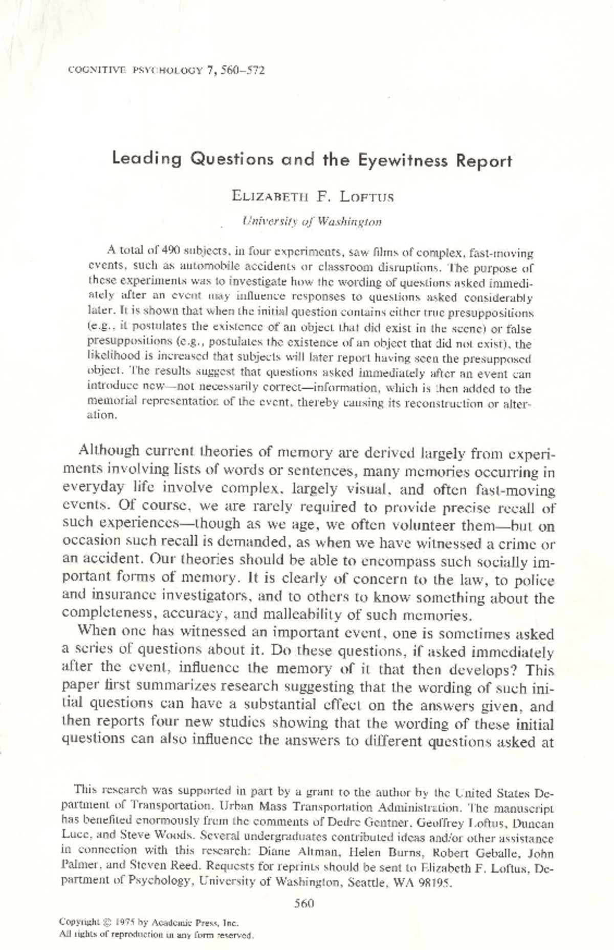COGNITIVE PSYCHOLOGY 7: The Impact of Leading Questions on Eyewitness ...