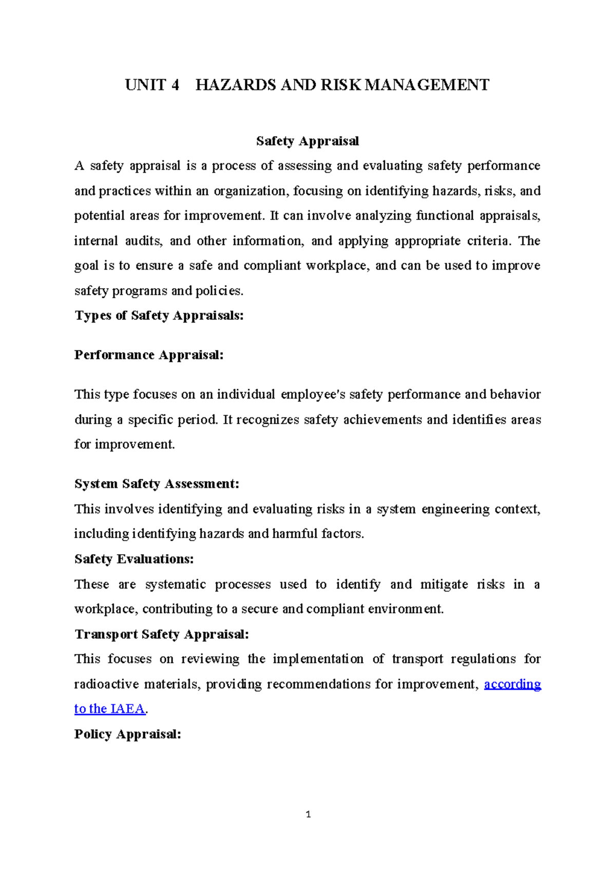 UNIT 4 Safety Appraisal: Hazards and Risk Management Overview - Studocu