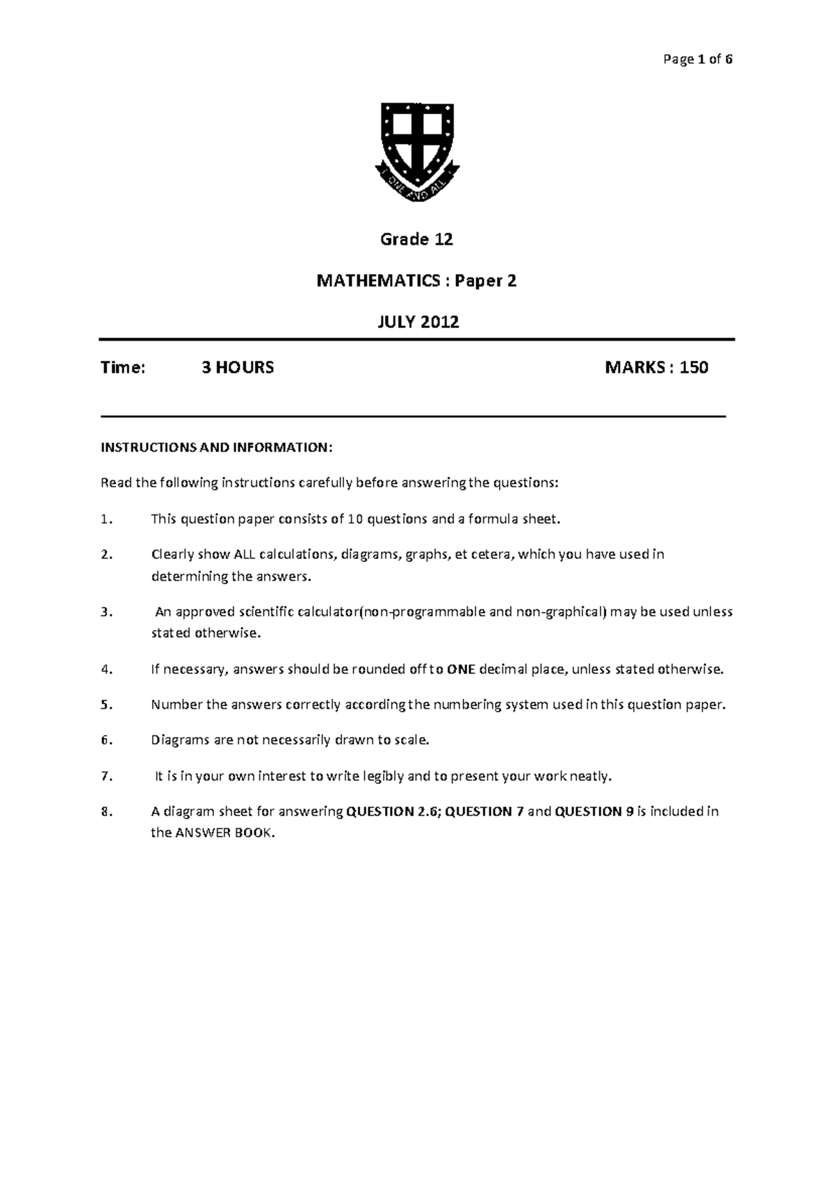 Grade 12 Mathematics Paper 2 July 2012 Examination - St Stithians ...