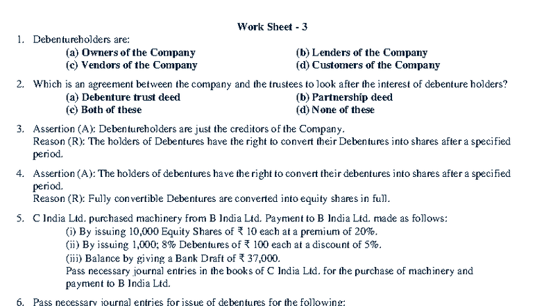 Worksheet 3 - Class 12 Accountancy Debenture Practice Material - Studocu