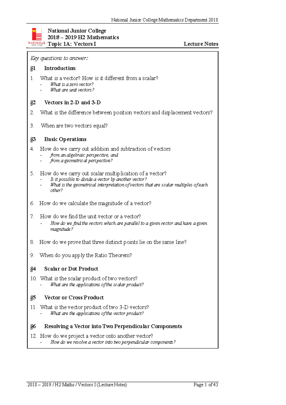 2018-2019 H2 Maths Vectors I Lecture Notes - Studocu