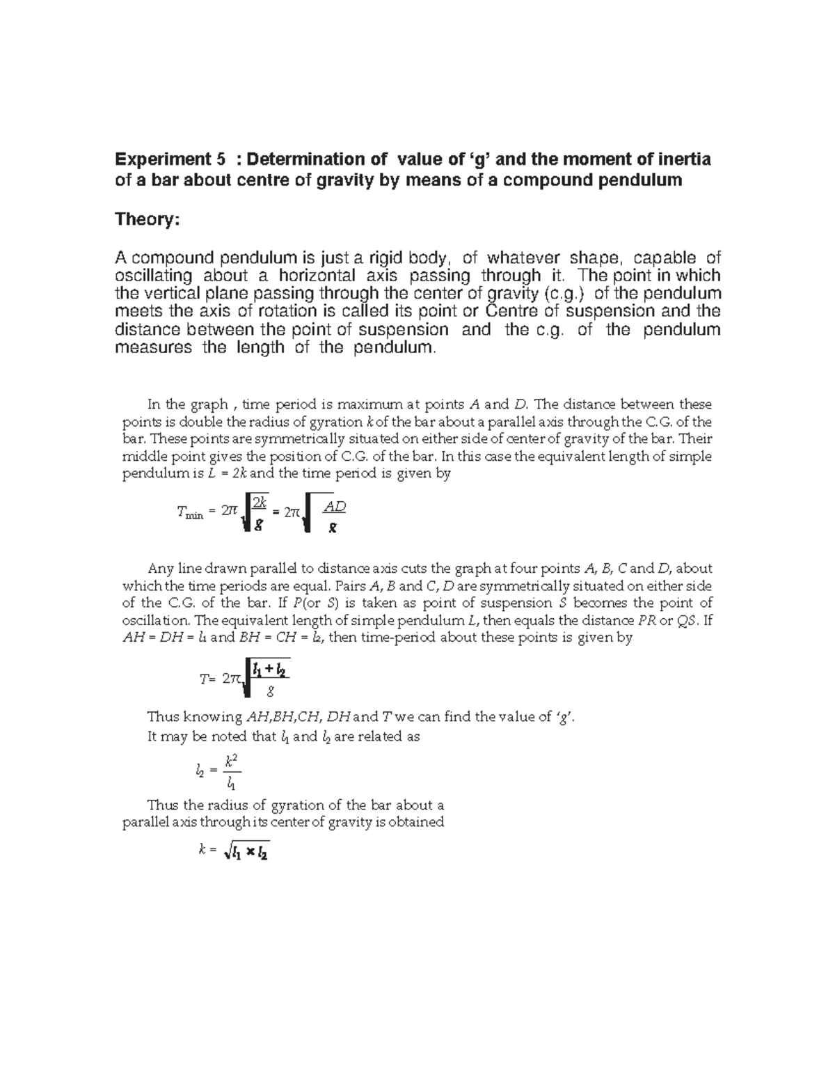 Experiment 5: Moment of Inertia & Center of Gravity via Compound ...