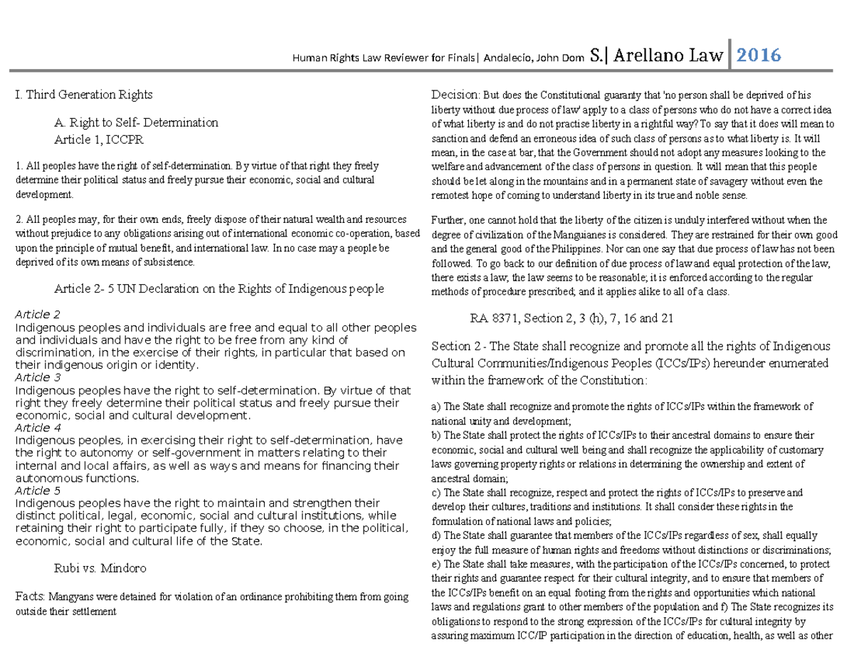 Human Rights Law Reviewer: Third Generation Rights & Indigenous Peoples ...