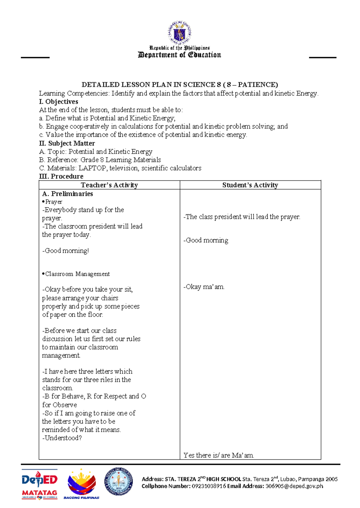 Detailed Lesson Plan in Sci 8: Potential & Kinetic Energy - Studocu