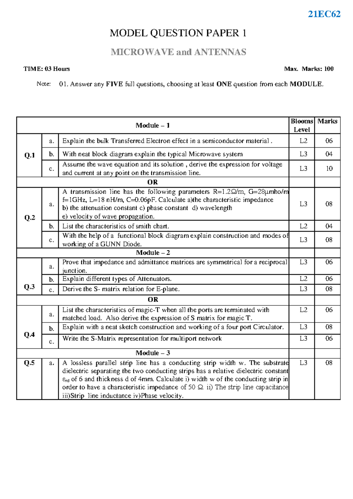 21EC62 MODEL QUESTION PAPER 1: MICROWAVE & ANTENNAS - Studocu