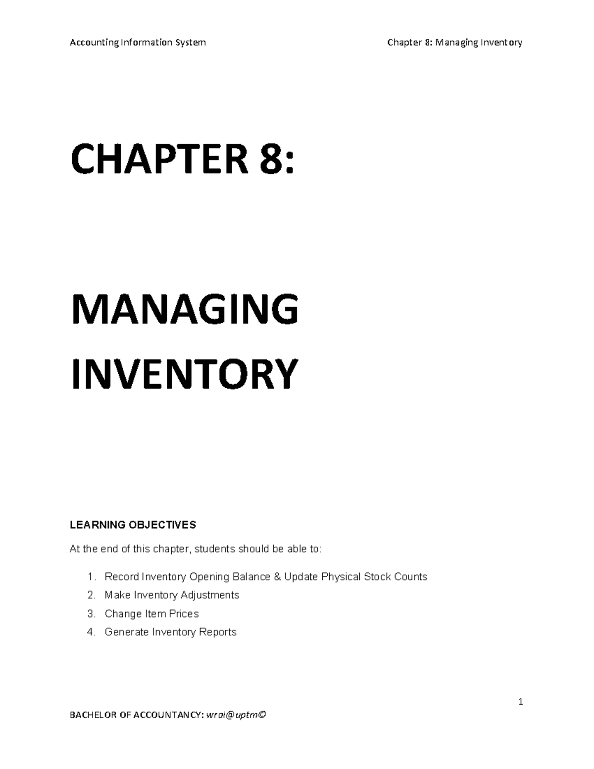 Chapter 8 abss - Abs - 1 CHAPTER 8: MANAGING INVENTORY LEARNING OBJECTIVES At the end of this ...