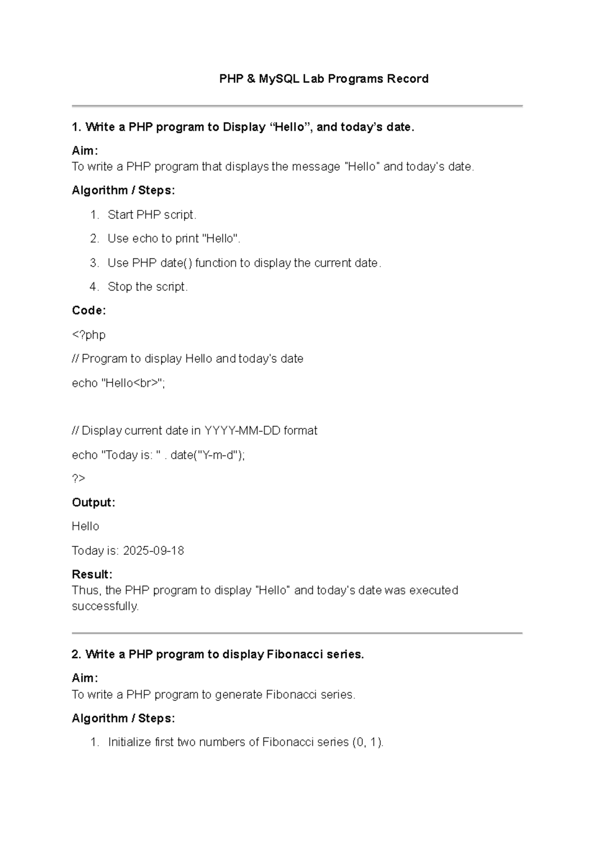 PHP LAB Manual BCA: Practical Programs and Exercises - Studocu