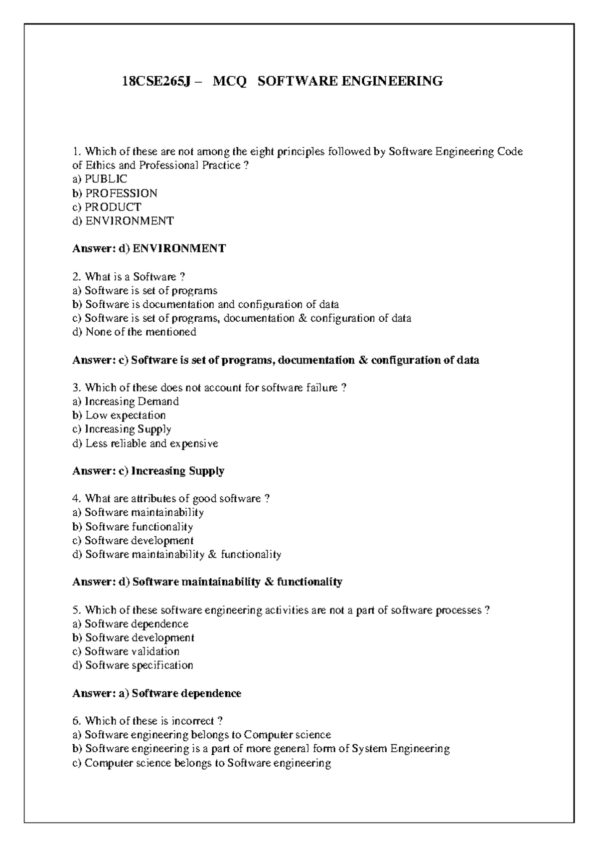 18CSE265J - MCQ Question Bank on Software Engineering Unit 1 - Studocu
