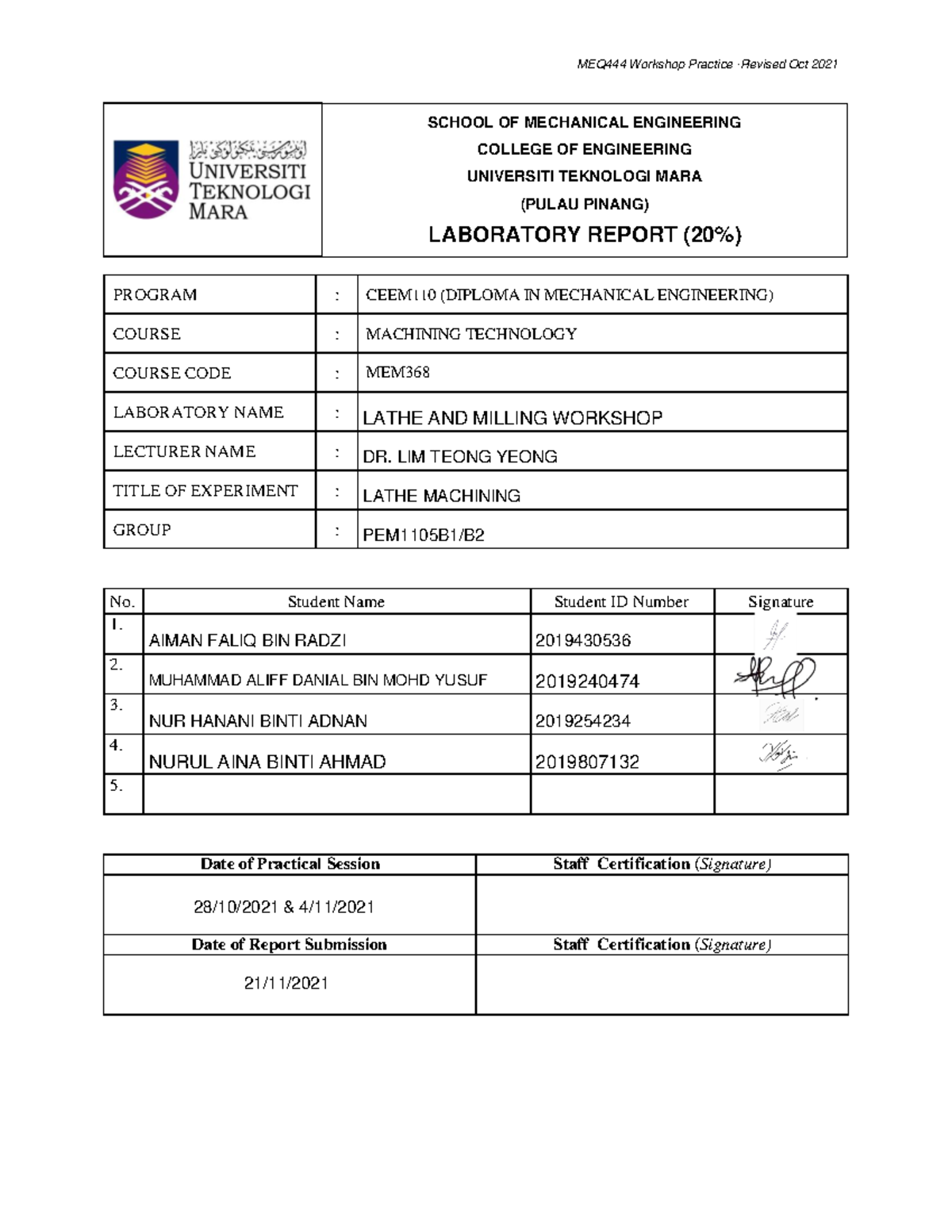 Lathe Machining Lab Report - MEM368 Workshop Practice - Studocu