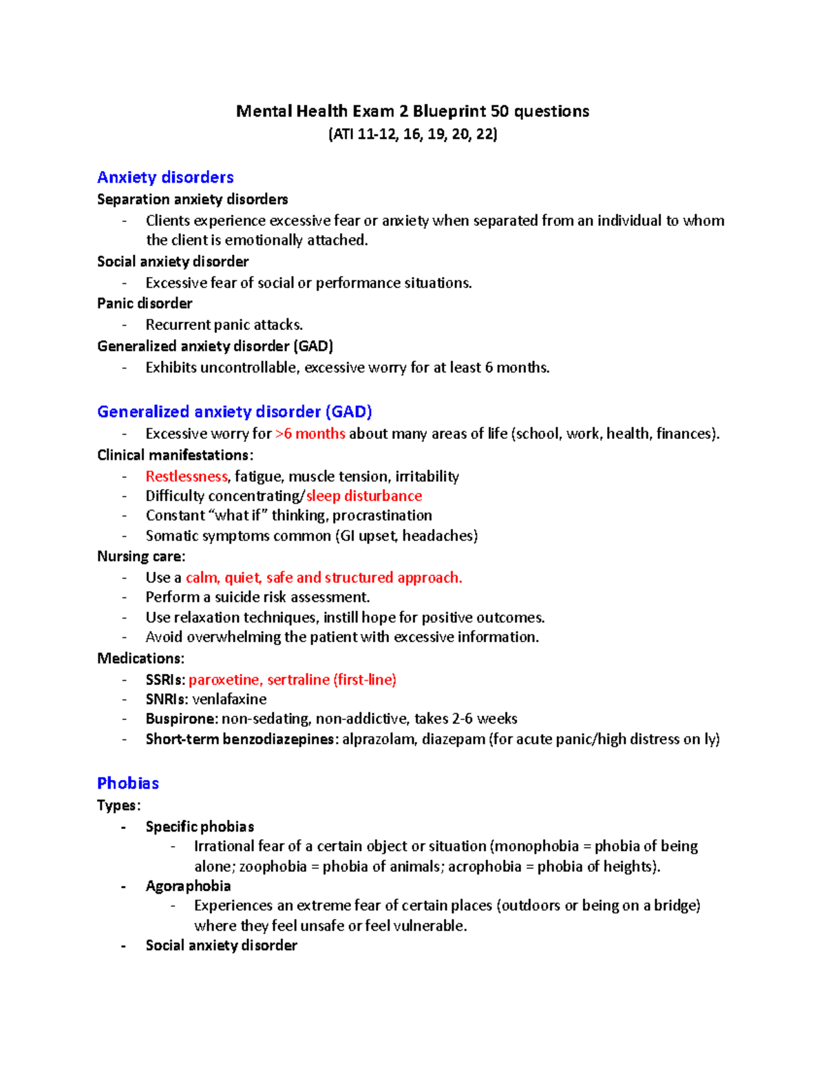 Mental Health Exam 2 Blueprint (ATI 16, 19, 20, 22) Overview - Studocu