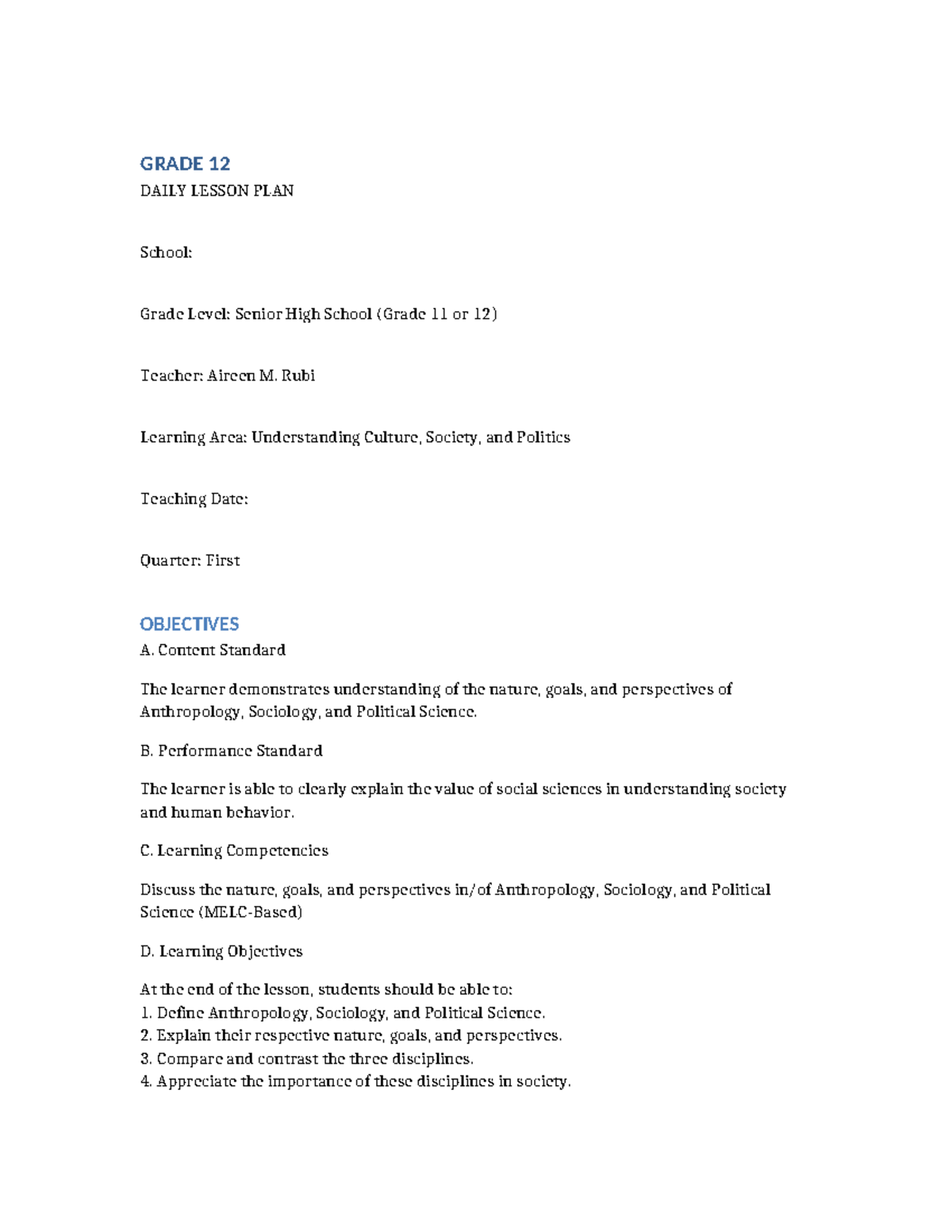 UCSP Grade 12 Daily Lesson Plan: Anthropology, Sociology, and Political ...