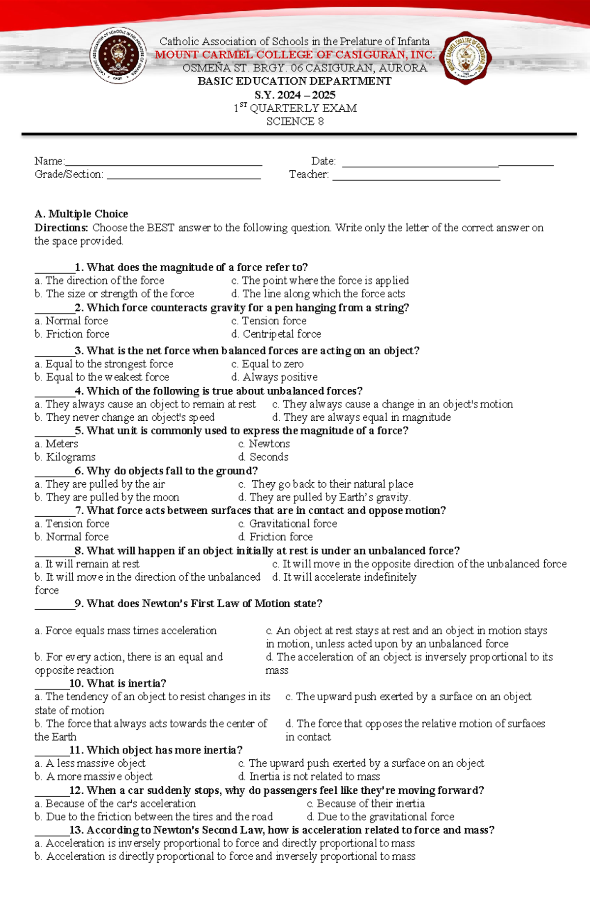 1st Quarterly Exam - Catholic Association of Schools in the Prelature ...