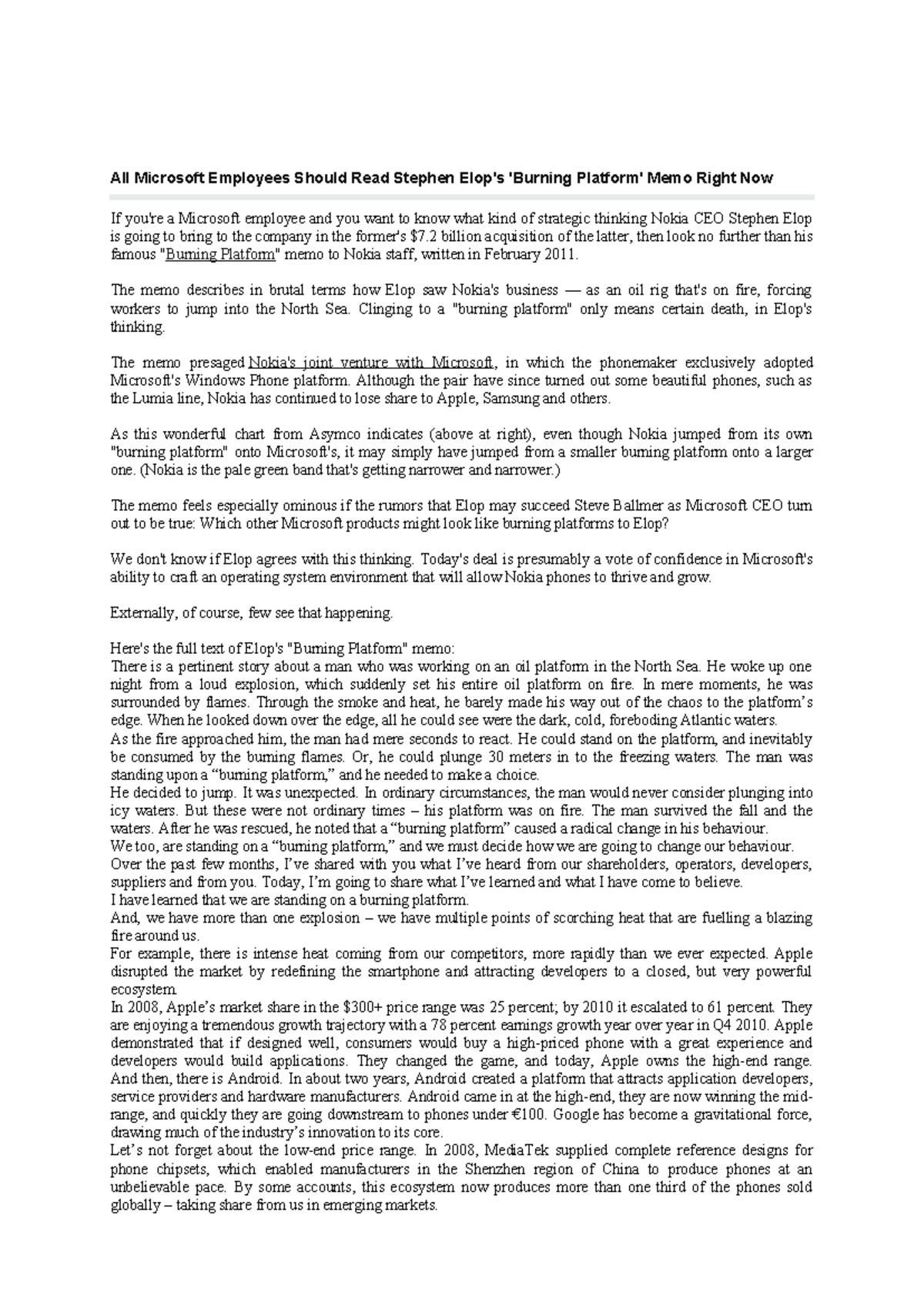Stephen Elop's 'Burning Platform' Memo Analysis for Microsoft Employees ...