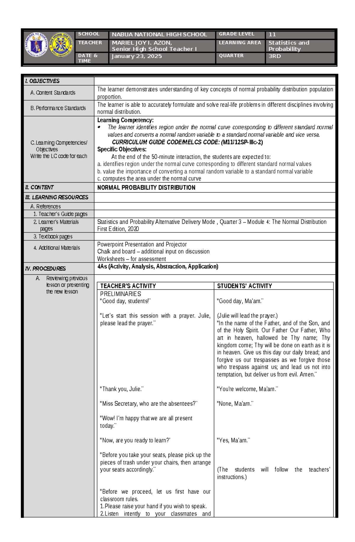 Detailed Lesson PLAN January 16 - SCHOOL NABUA NATIONAL HIGH SCHOOL ...