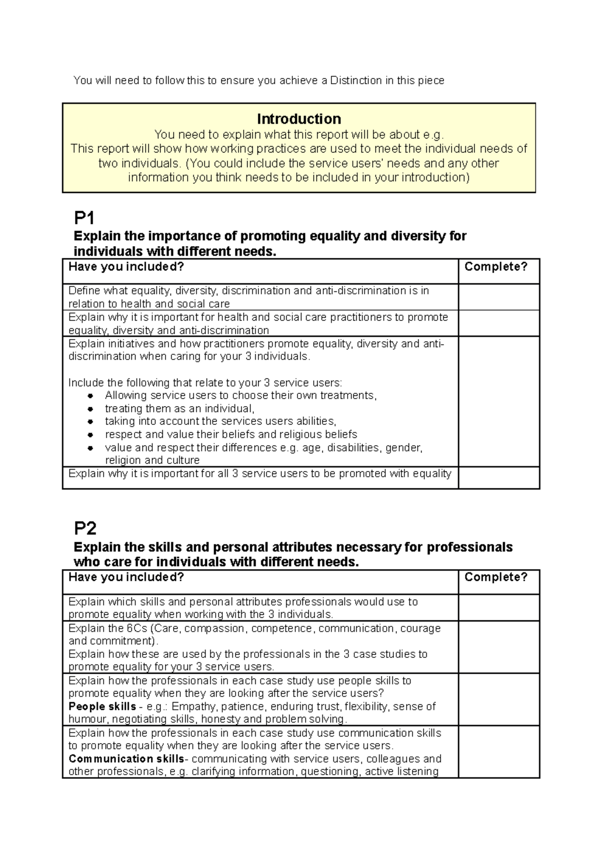 HSC302: Unit 5 Checklist for Achieving Distinction in Care Practices ...