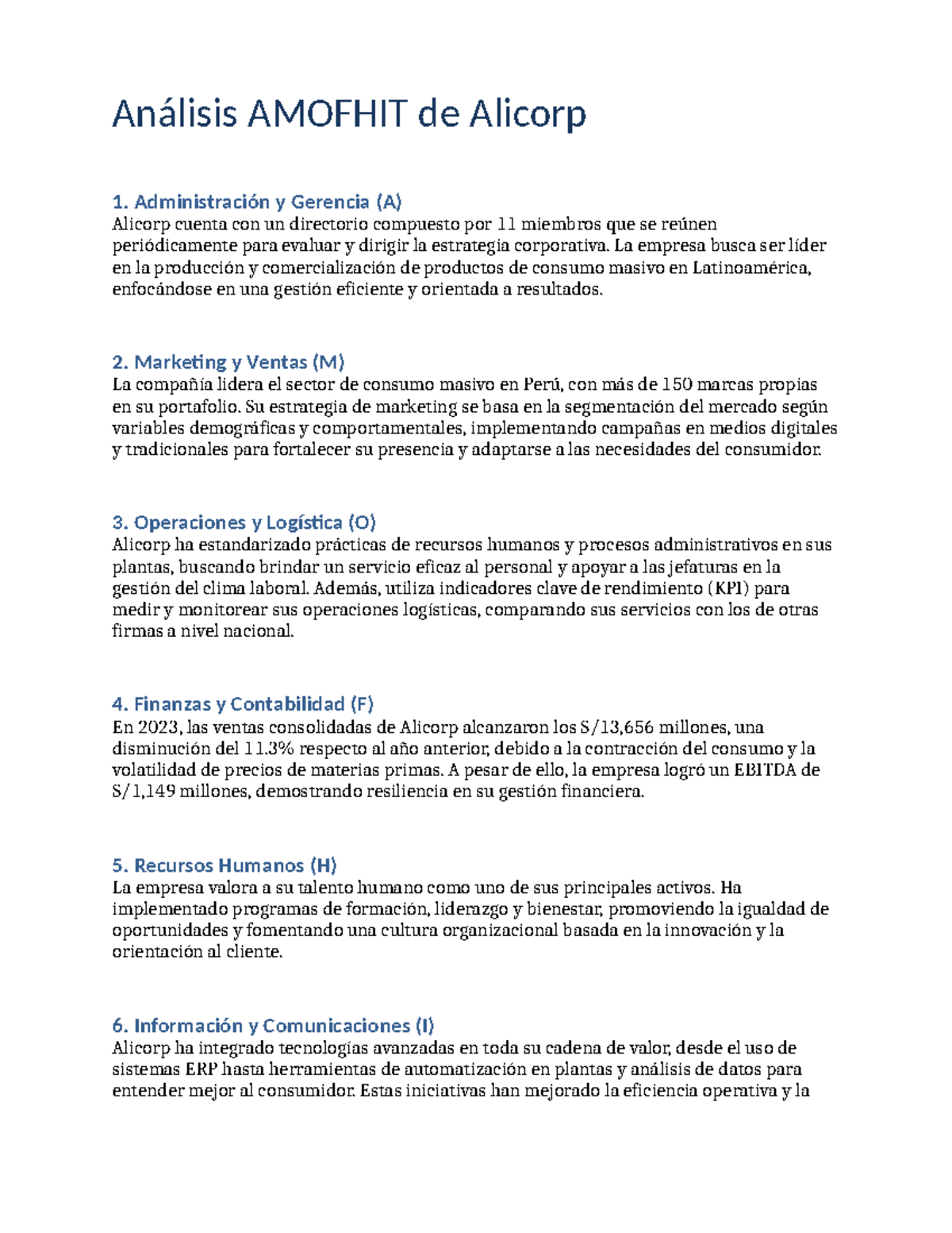 Análisis AMOFHIT de Alicorp: Estrategias y Desempeño Empresarial - Studocu