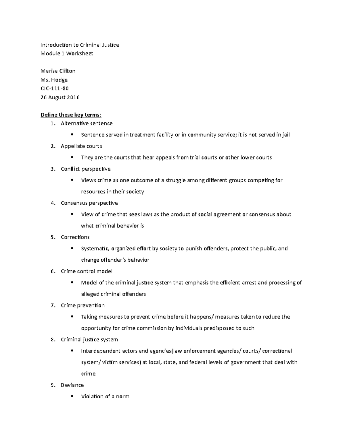 CJC-111 Chapter 1 Worksheet: Key Terms & Concepts in Criminal Justice ...