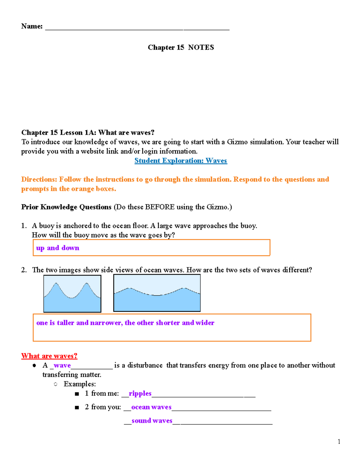 Chapter 15 Lesson 1A: Understanding Waves - Gizmo Simulation Notes ...