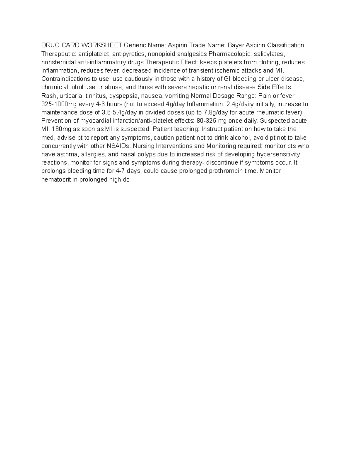 Aspirin Drug Card Worksheet: Key Info & Nursing Considerations - Studocu