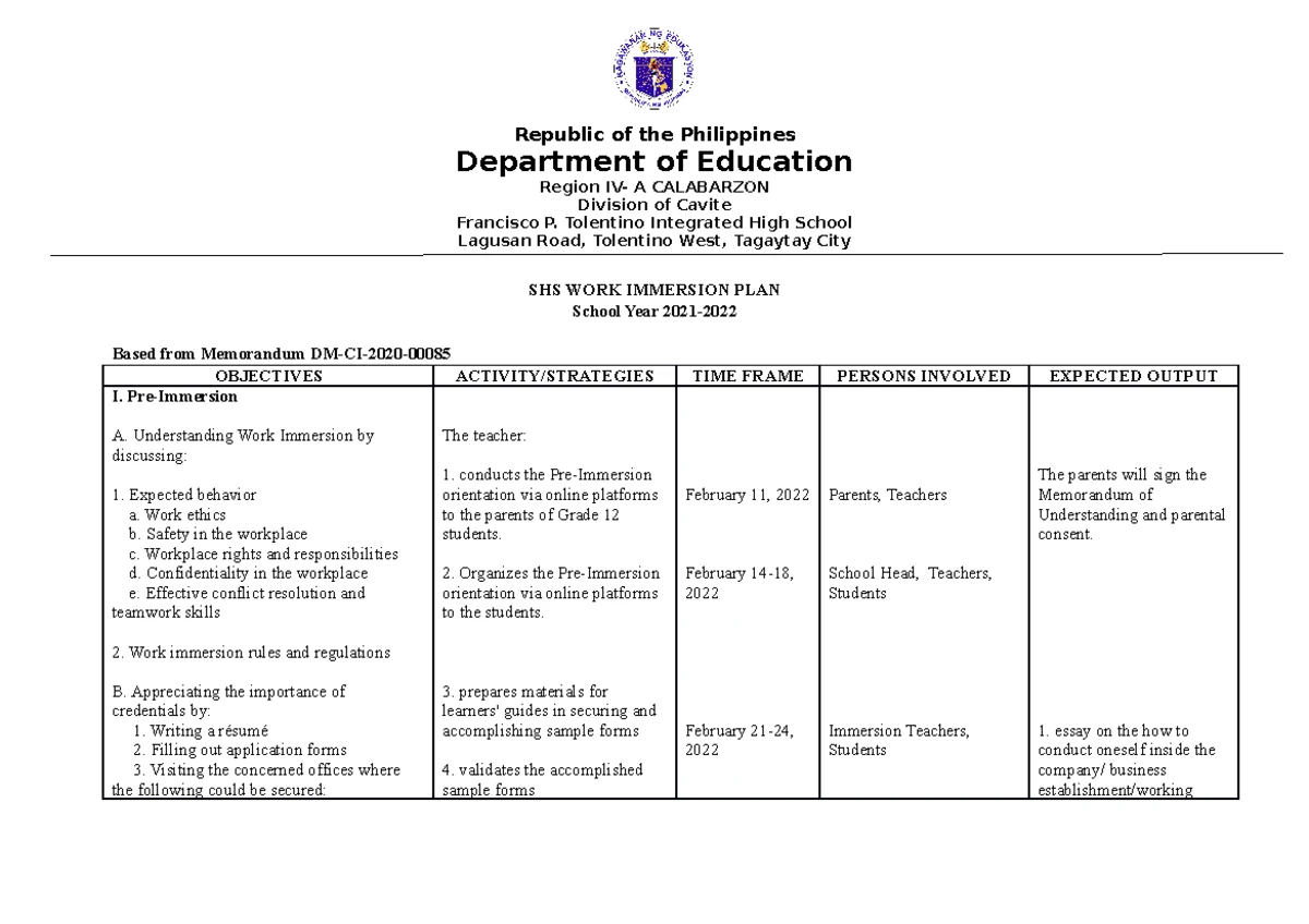 Example of Table of Specification with Test items following the test ...