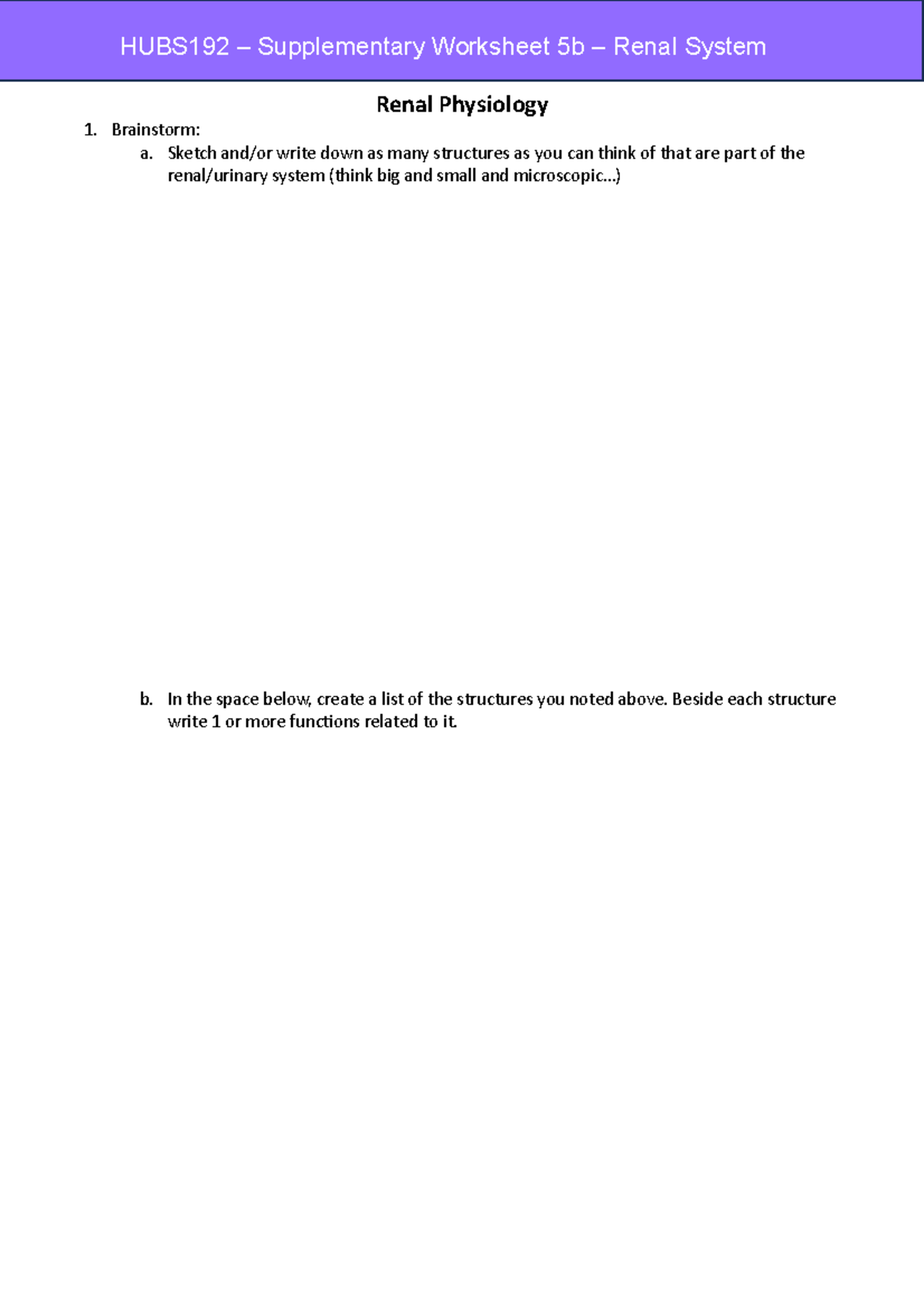 HUBS192 Supplementary Worksheet 5b: Renal System Overview 2024 - Studocu