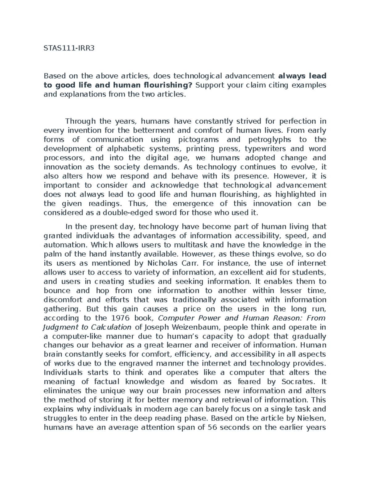 Technological Advancement and Its Impact on Human Flourishing: STS ...