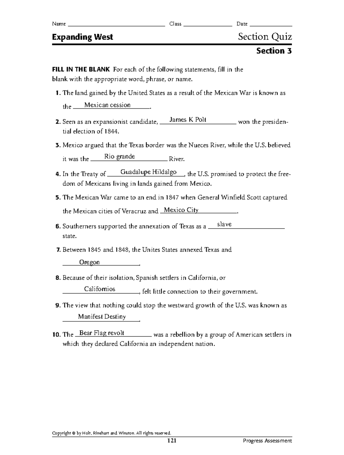 Secquiz - answer - Name Class Date Expanding West Section Quiz FILL IN ...