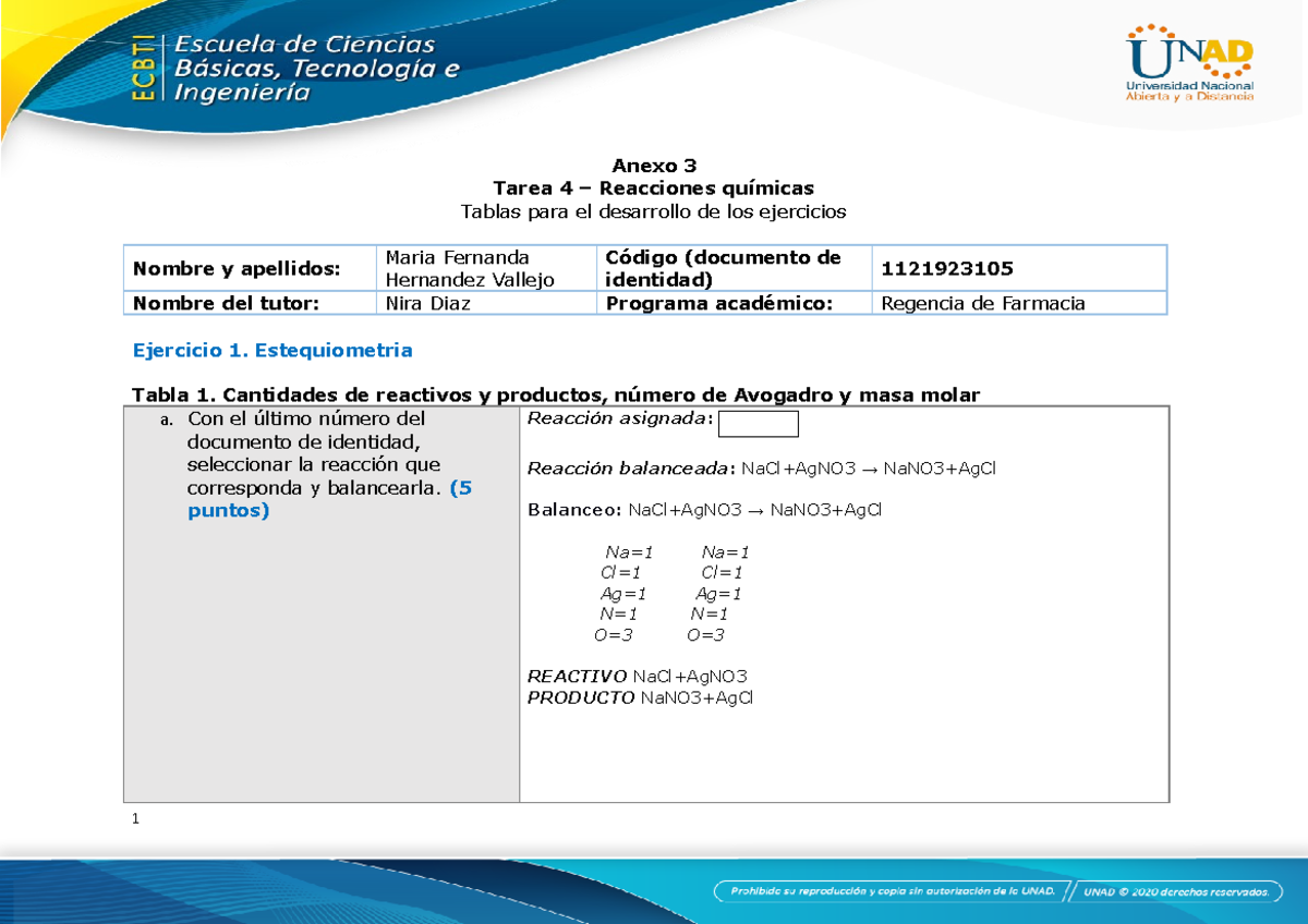 Anexo 3 - trabajo - Anexo 3 Tarea 4 – Reacciones químicas Tablas para el desarrollo de los - Studocu