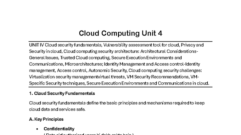 Cloud Computing Unit 4: Security Fundamentals and Vulnerability Assessment - Studocu