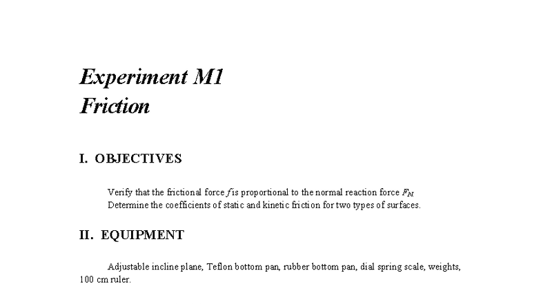 151-M1 Friction Experiment: Coefficients of Static & Kinetic Friction ...