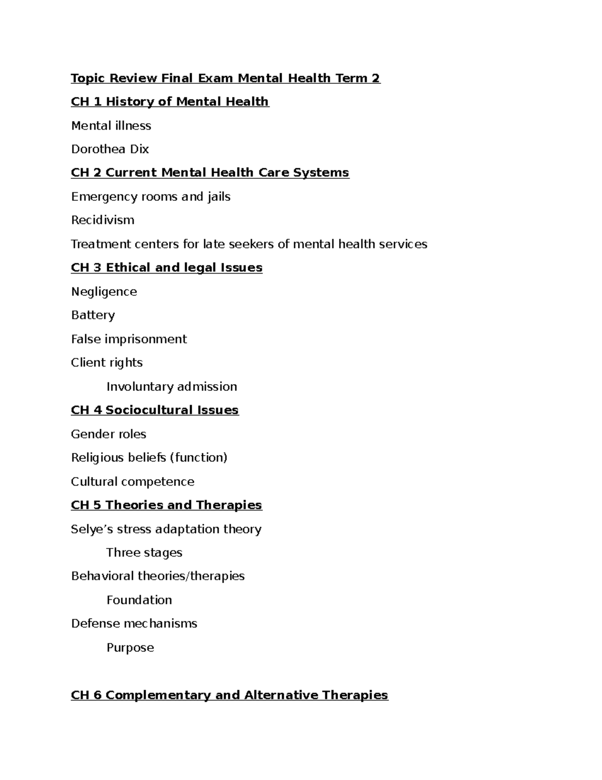 Review Topics for Final Exam T2: Mental Health Overview and Key ...