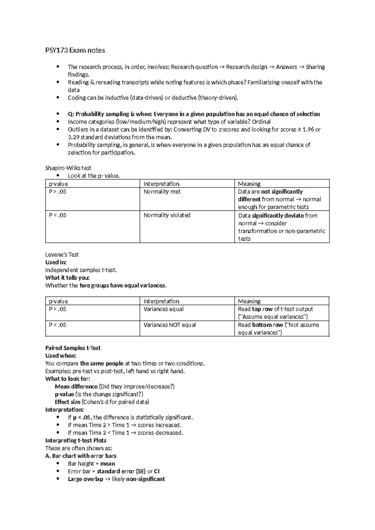 PSY173 Final Exam Notes: Research Process & Statistical Analysis - Studocu
