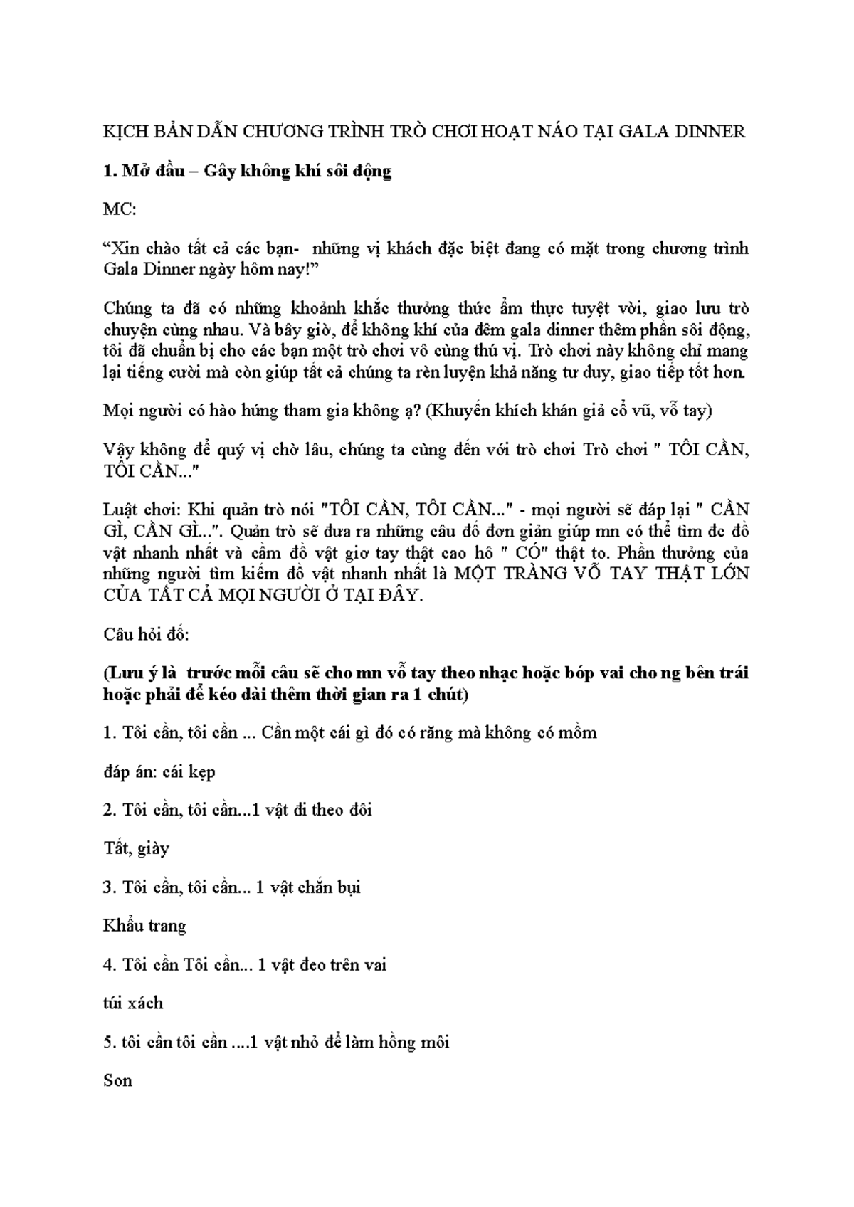 Kịch Bản Trò Chơi Hoạt Náo Tại Gala Dinner: Chương Trình Minigame - Studocu