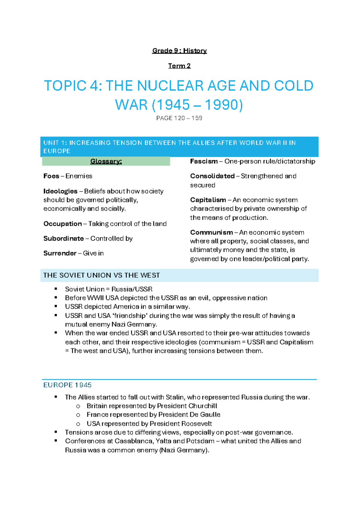 Grade 9 History Term 2: The Nuclear Age & Cold War (1945-1990) Overview ...